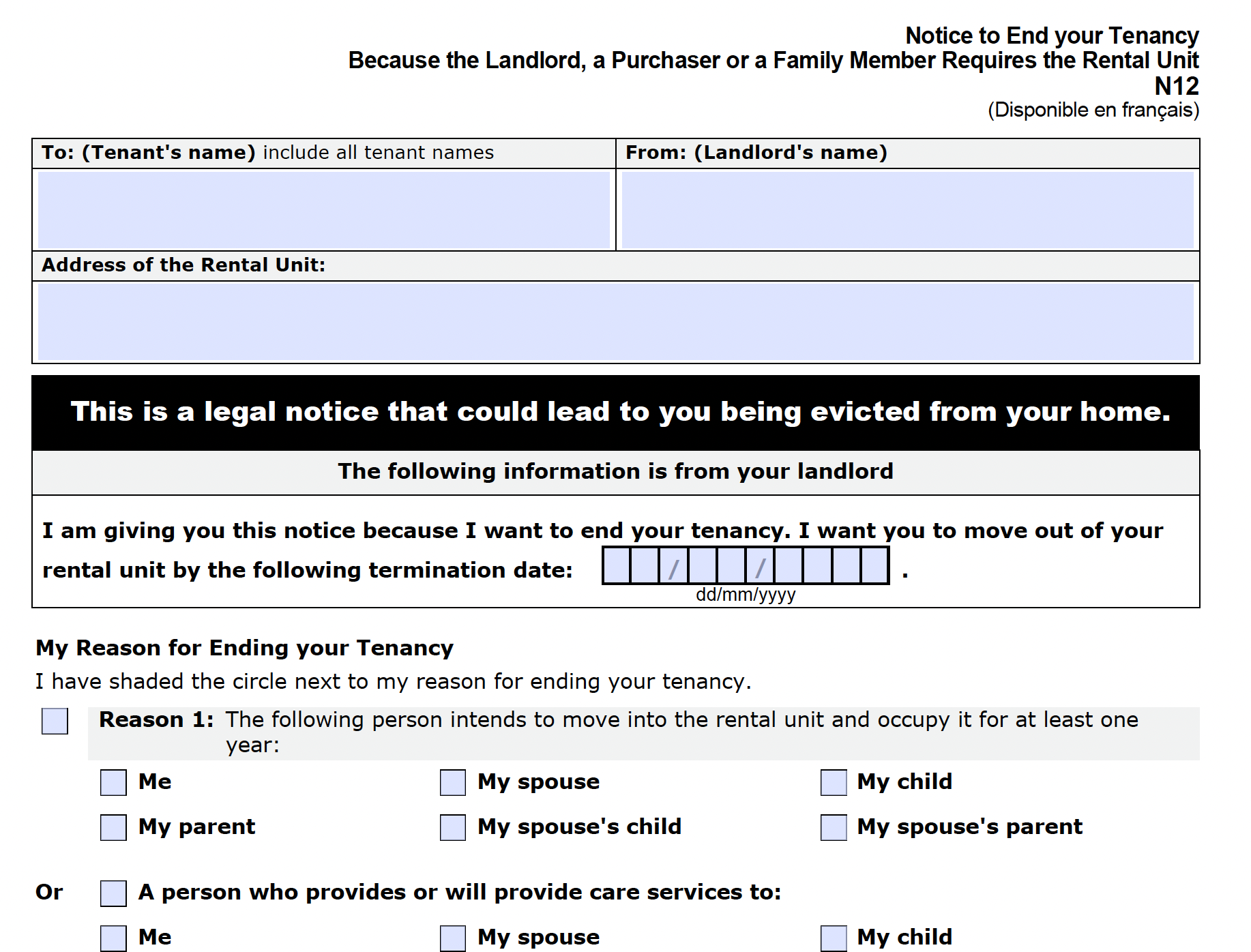 N12 FORM- NOTICE TO END YOUR TENANCY BECAUSE THE LANDLORD, A PURCHASER OR A FAMILY MEMBER ...